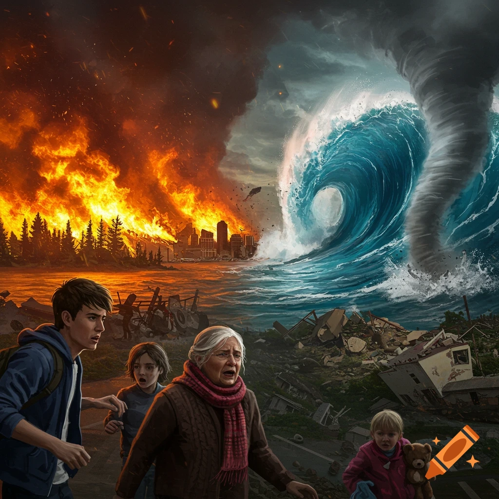 A dramatic digital illustration of people fleeing a landscape ravaged ...