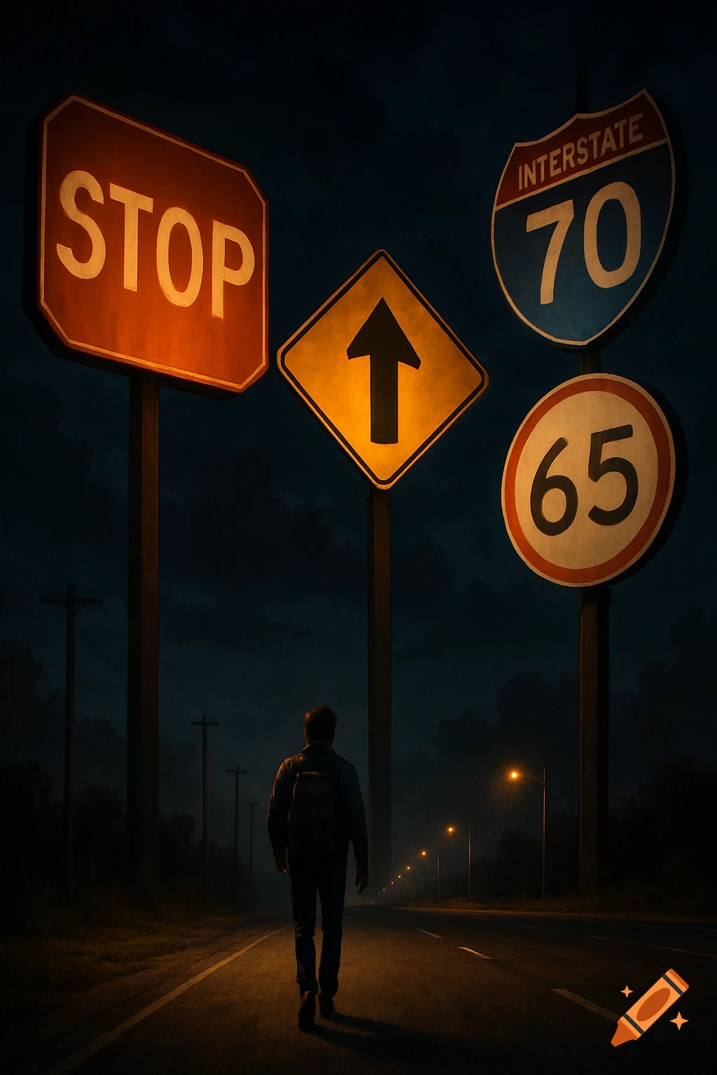 A man walks down a dark road at night, overshadowed by giant ...