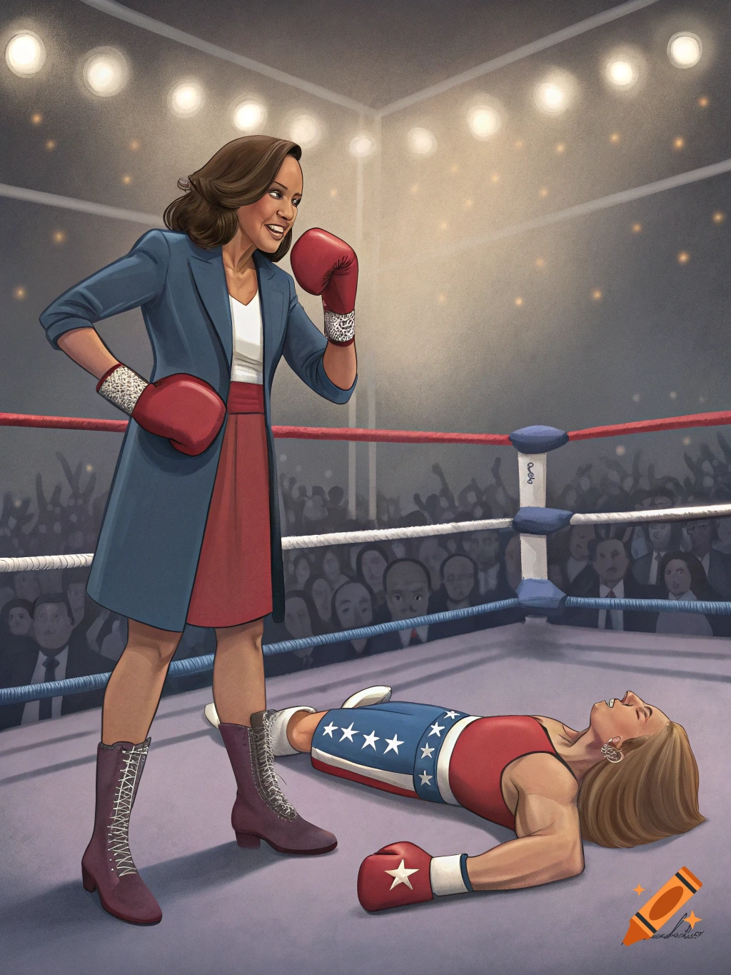 Kamala Harris, as a boxer, stands victoriously in a boxing ring ...