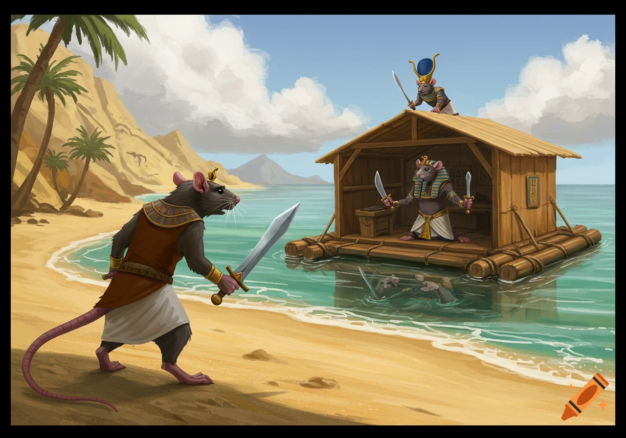 An anthropomorphic rat with a sword stands on a beach facing a wooden ...