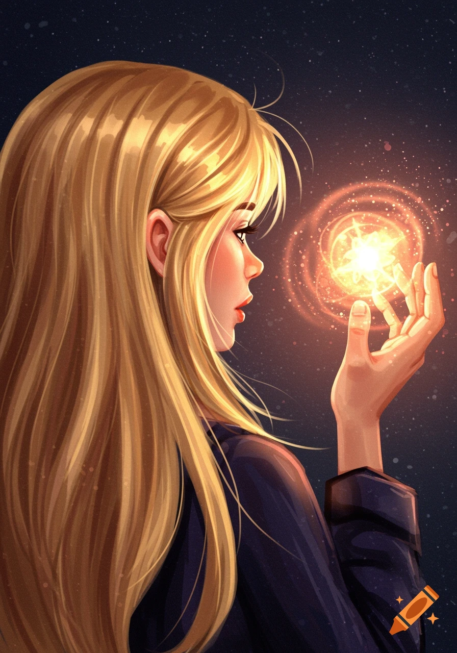 Blonde girl in profile holding a glowing magic orb in an illustrated ...