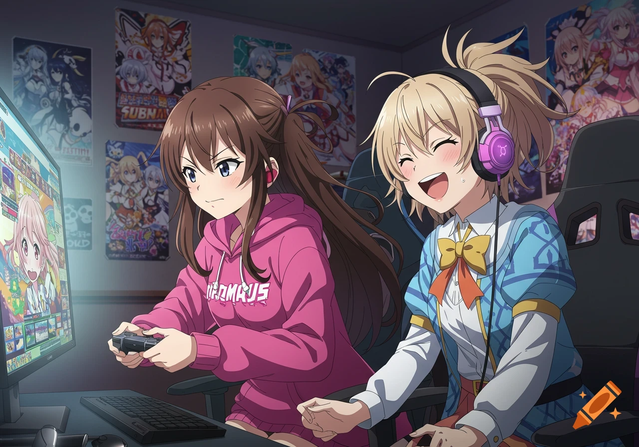 Two anime girls gaming: one with brown hair plays a video game, while ...