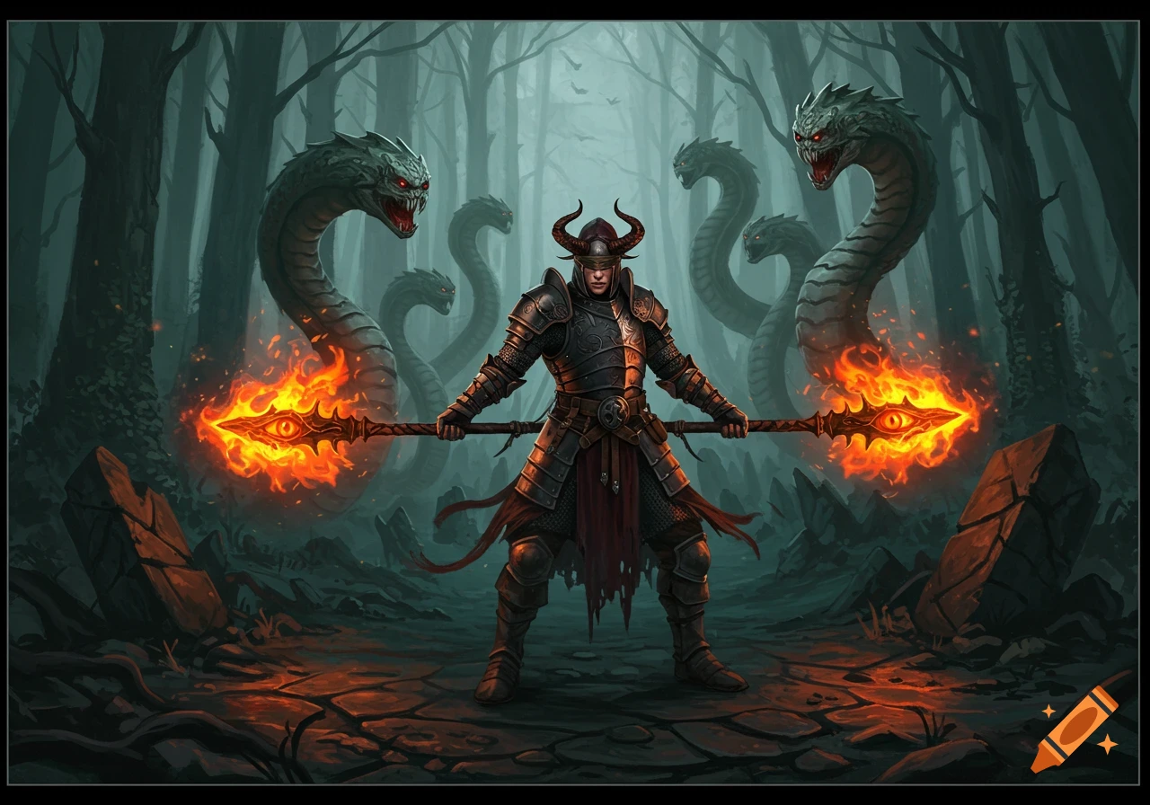 A fantasy warrior with a blindfold and armor wields two flaming ...