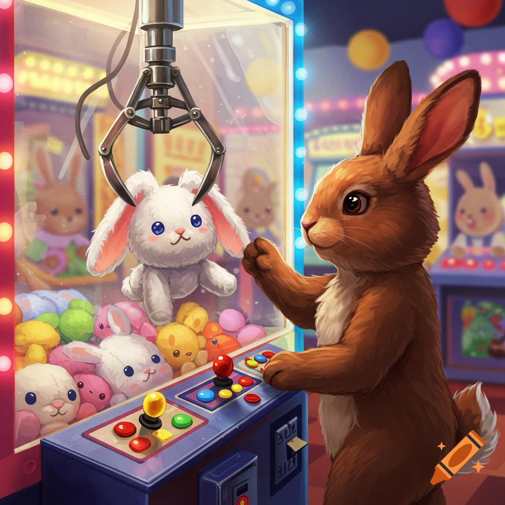 A brown cartoon rabbit operates a colorful arcade claw machine ...