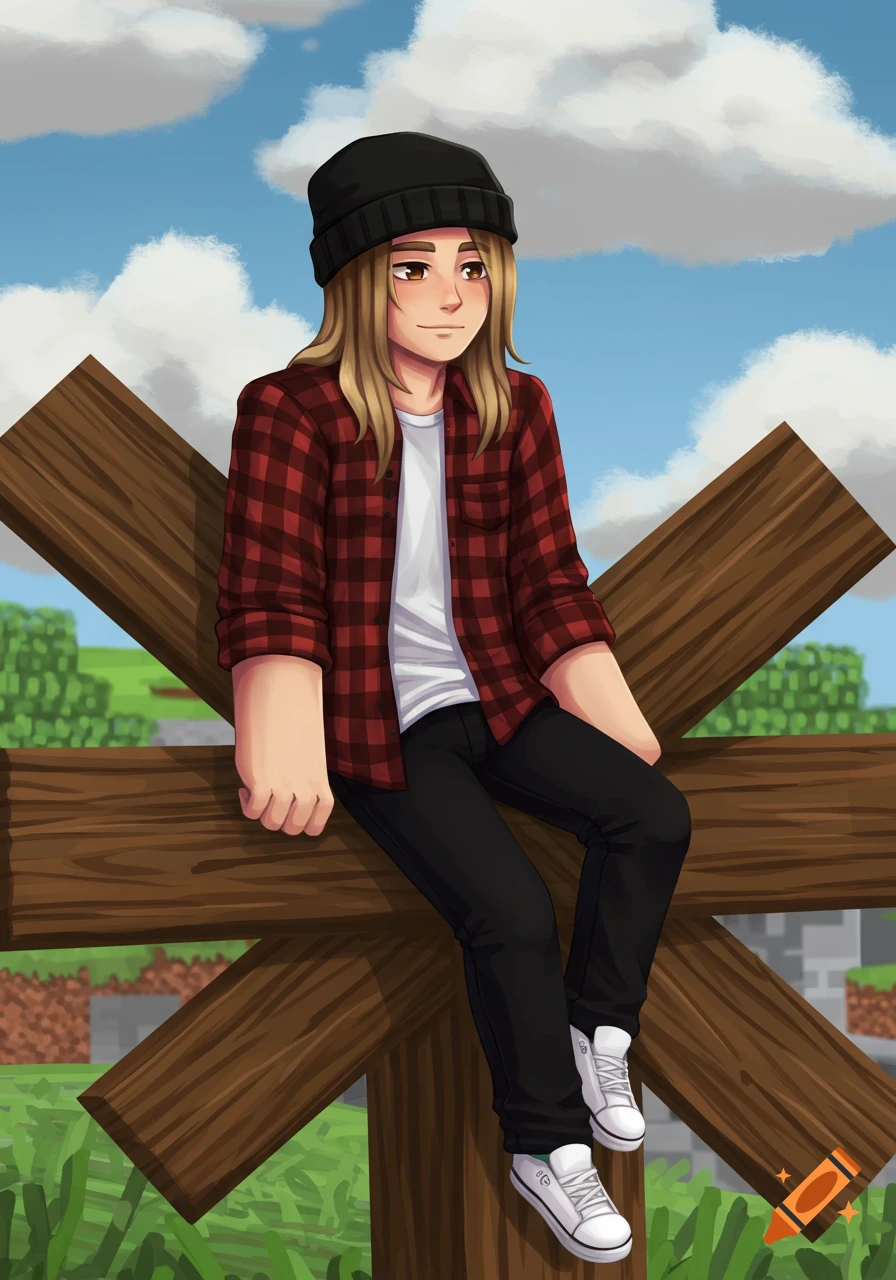 Anime-style character with long light-brown hair, beanie, and flannel ...