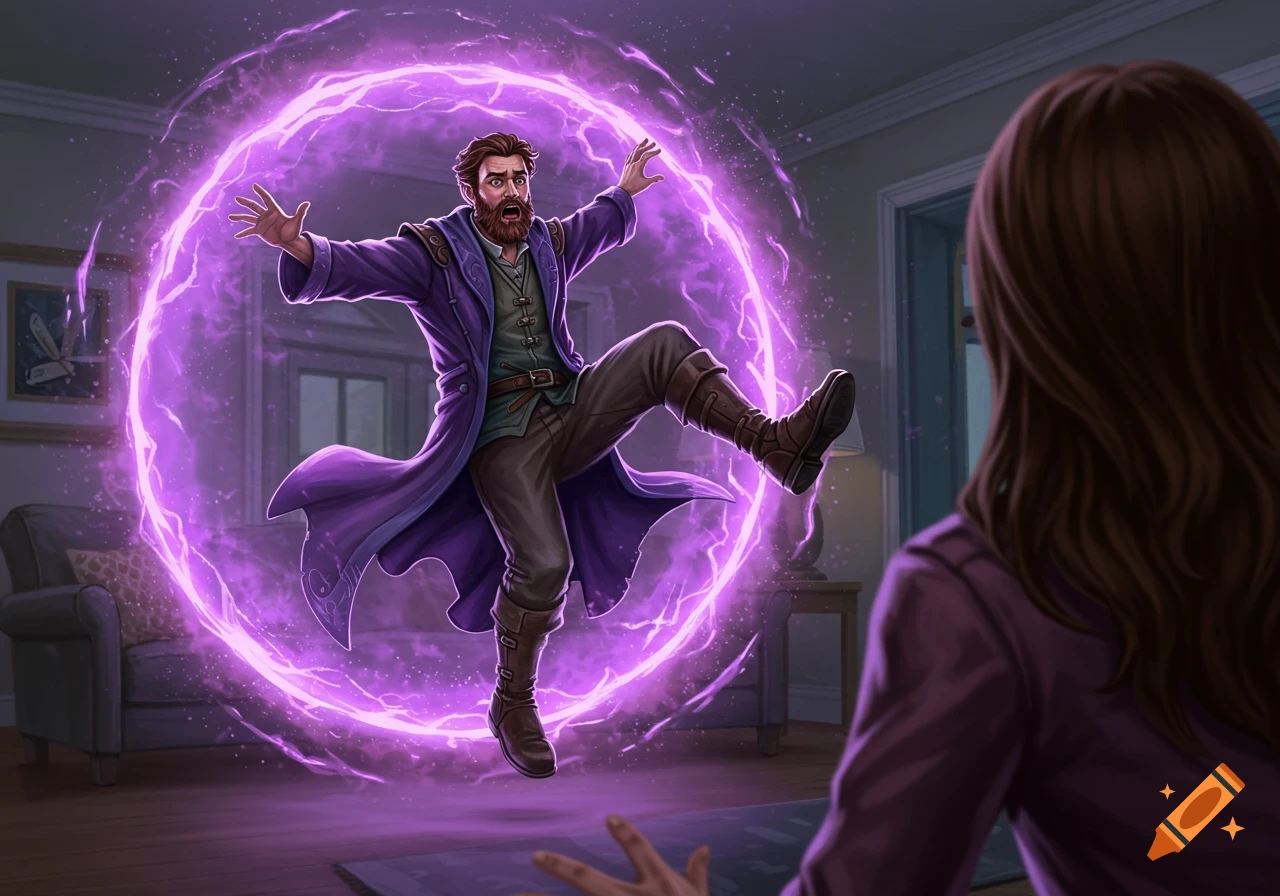 A bearded man in purple wizard robes falls awkwardly through a glowing ...