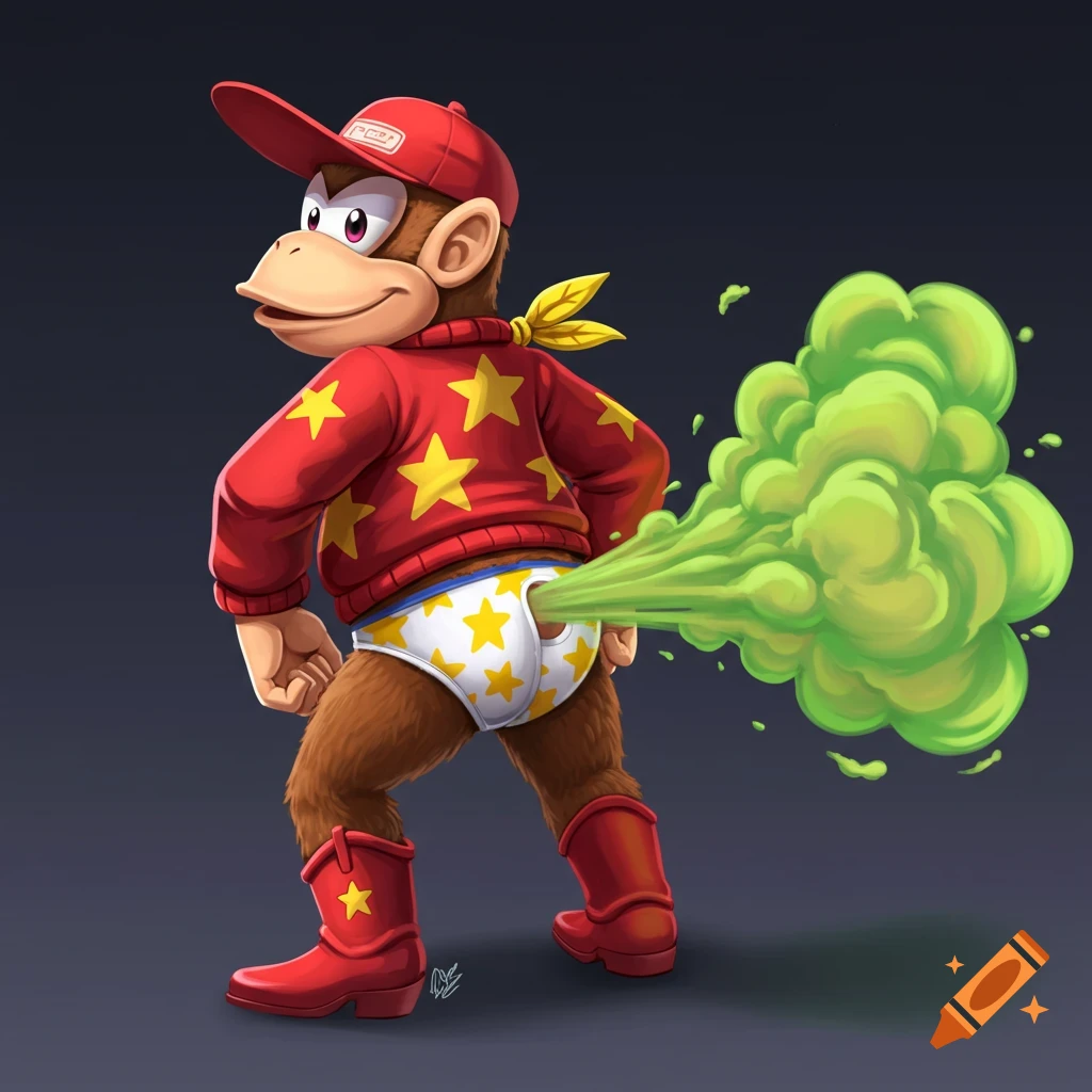 Diddy Kong cartoon character farting a large cloud of green gas while ...