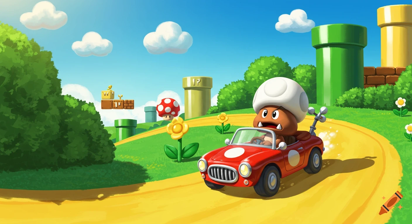 A cartoon Goomba drives a red car on a yellow path in a Super Mario ...