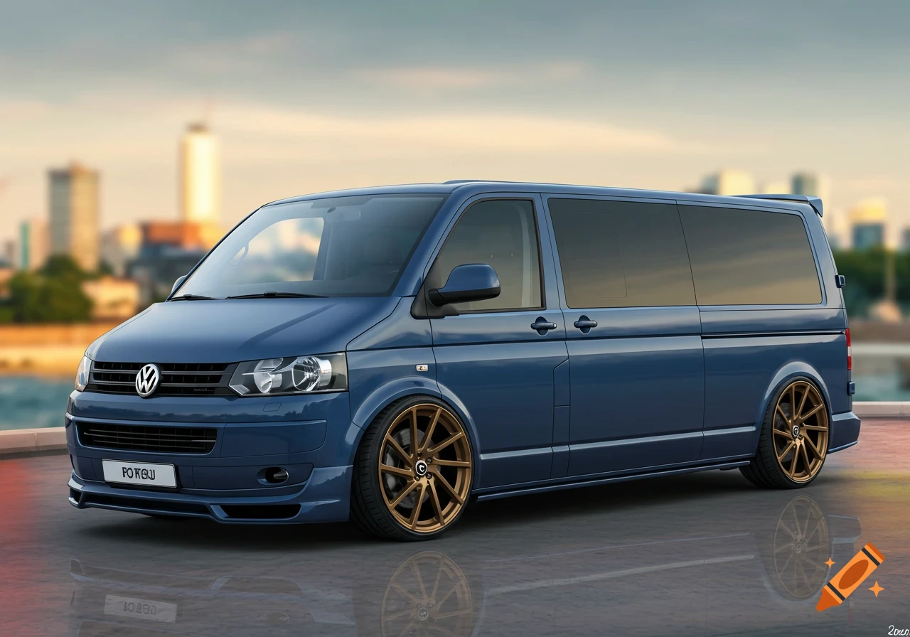 A blue Volkswagen T5 van with bronze multi-spoke wheels is parked on a ...
