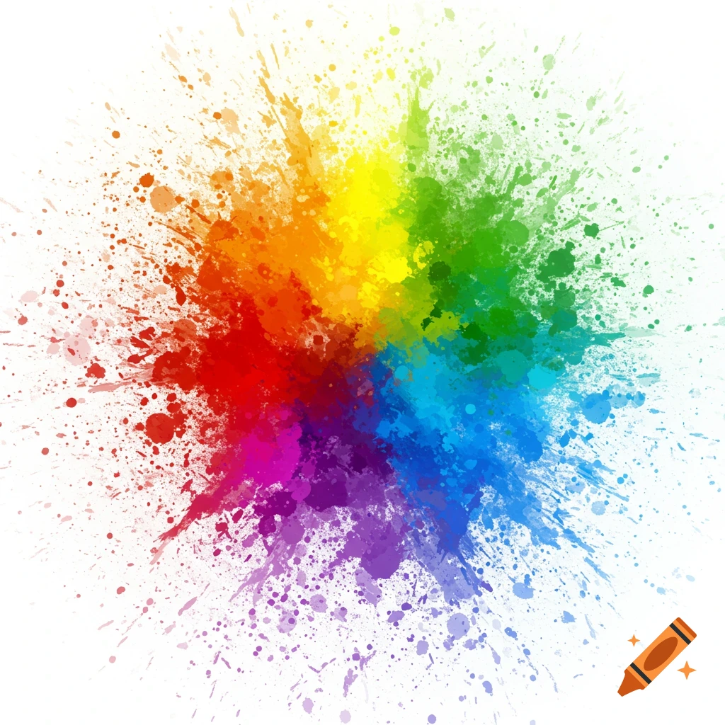 A vibrant, circular paint splatter with colors of the rainbow radiating ...