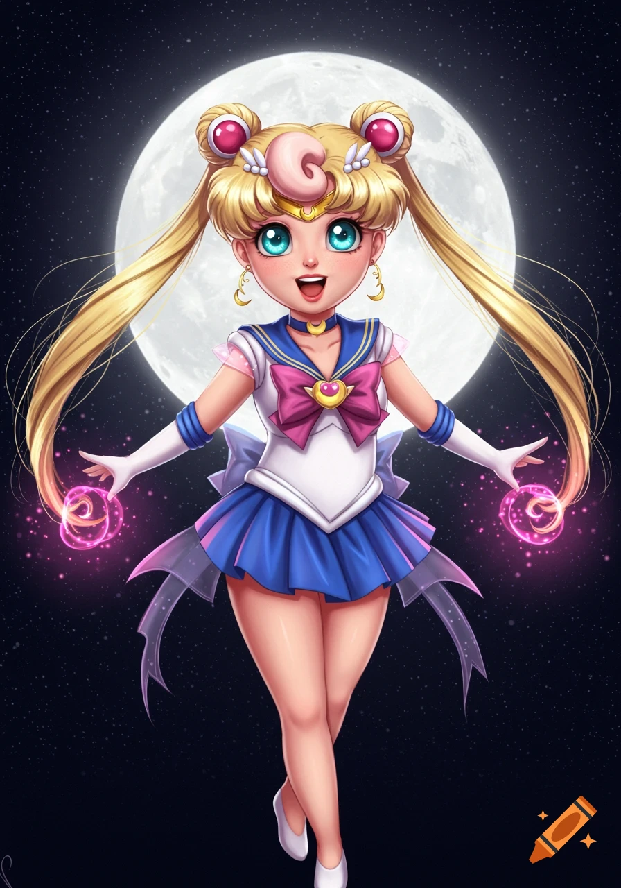 A stylized anime girl resembling Sailor Moon floats in front of a full ...