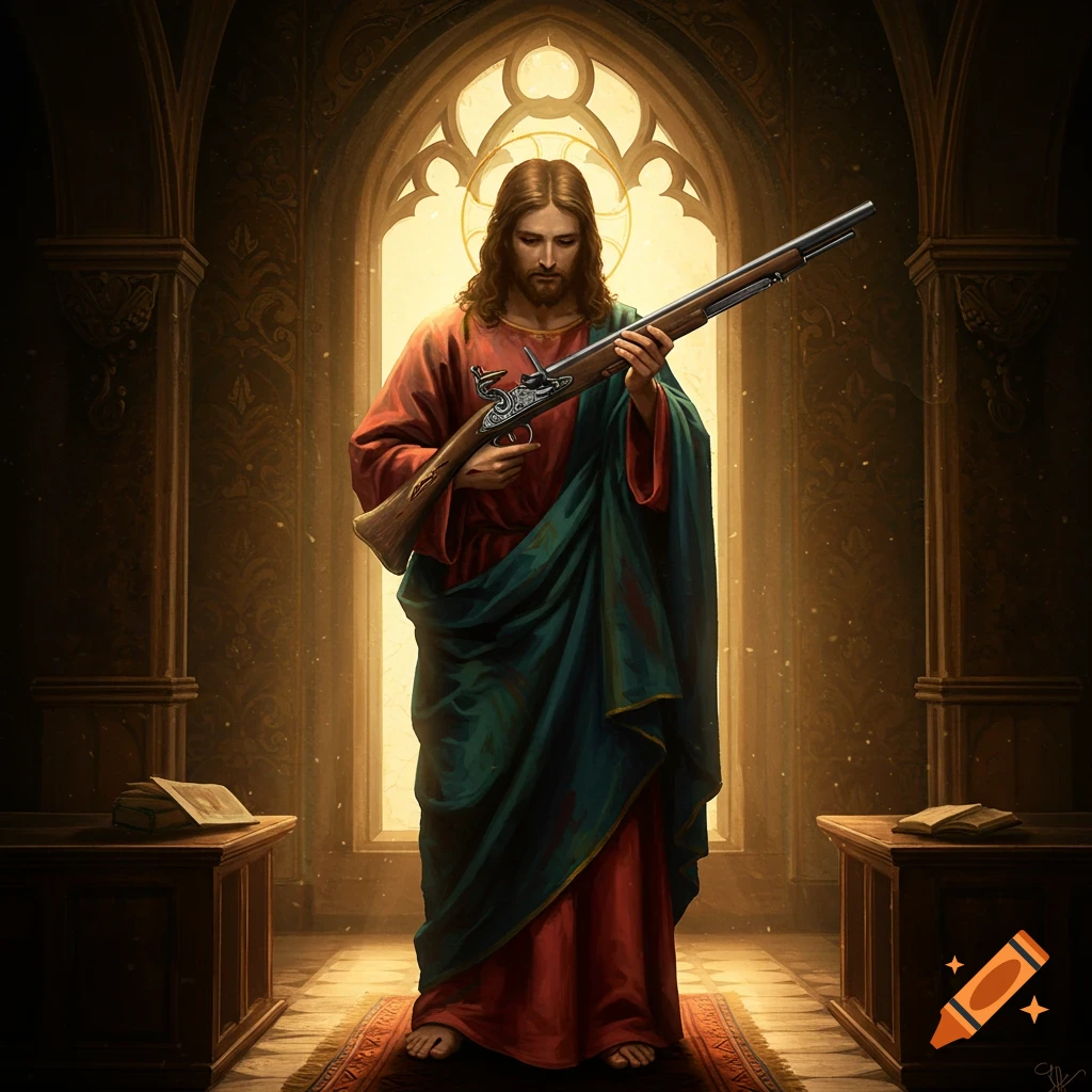 Jesus, depicted in a Renaissance style, stands in a brightly lit church ...