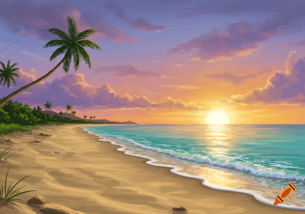 A colorful, stylized beach scene at sunset with a large palm tree ...