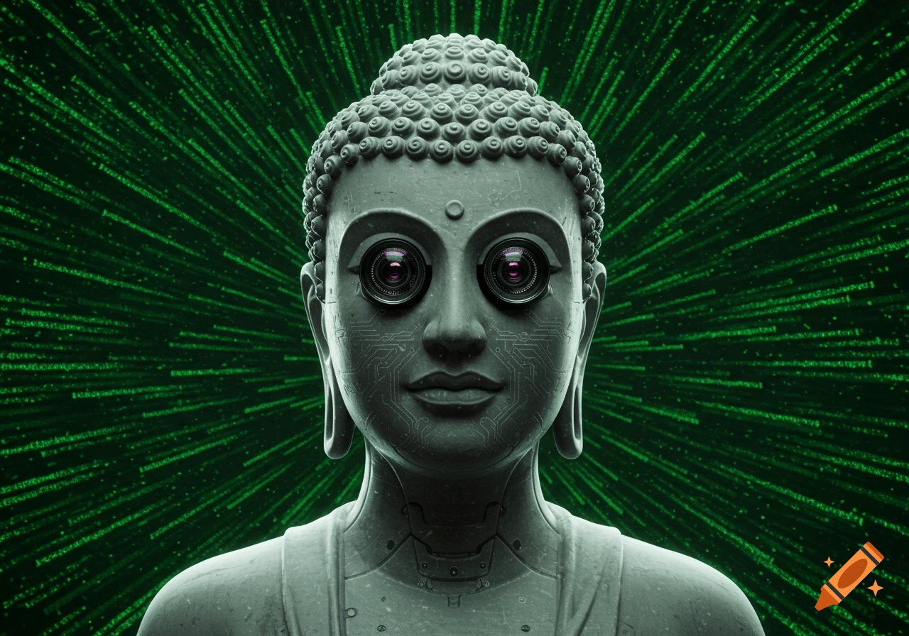 AI Buddha statue with camera eyes and circuit patterns, against a green ...