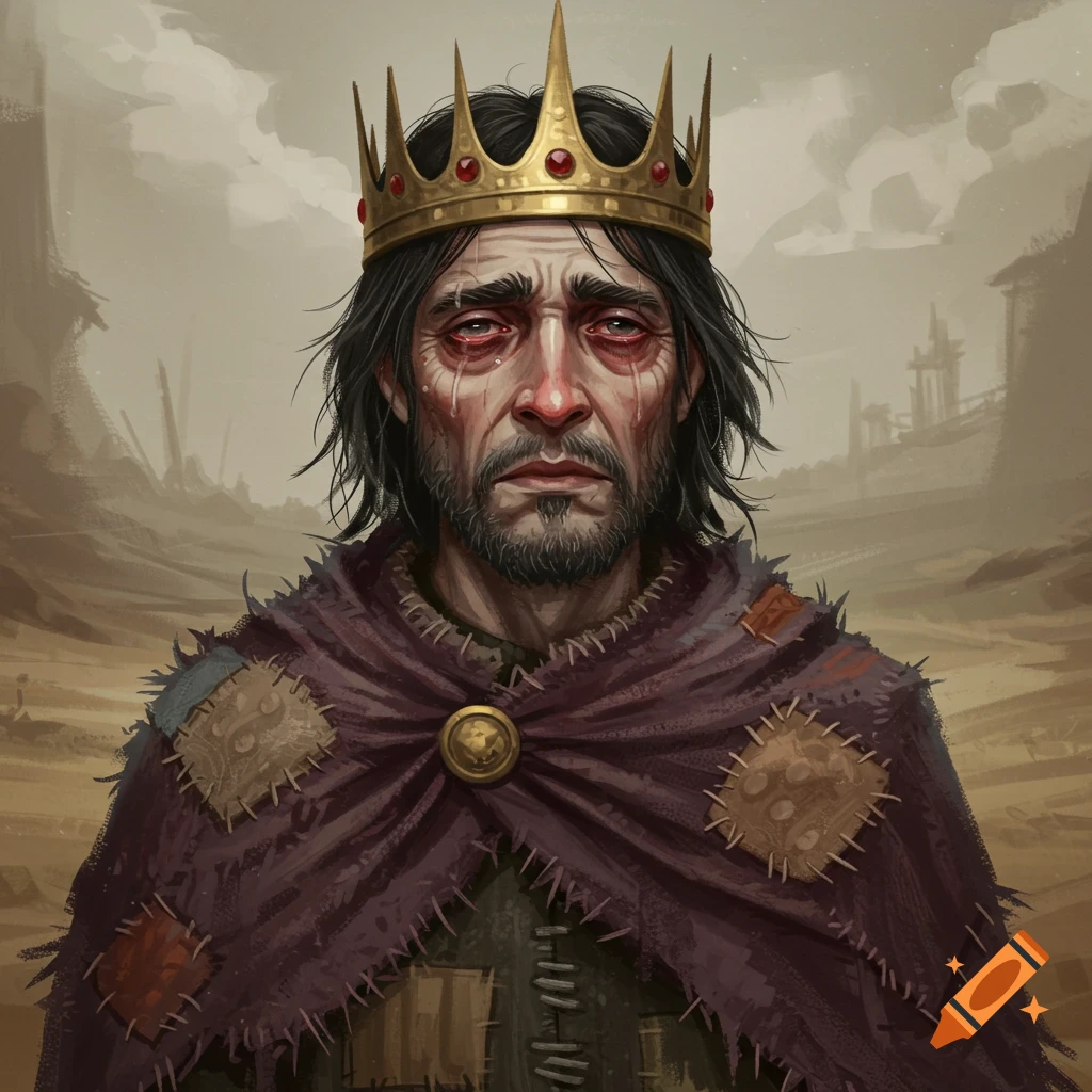 Portrait of a distressed king with a golden crown and tattered cloak ...