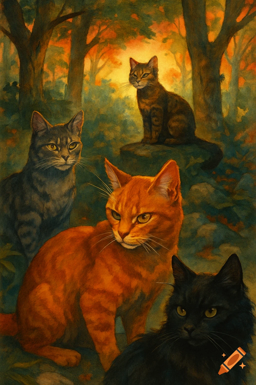 Four cats in an autumn forest, painted in a vibrant, illustrative style ...