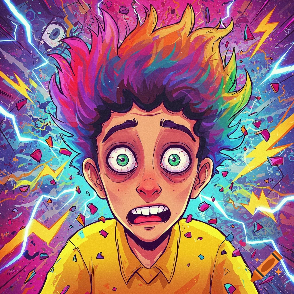 A wide-eyed cartoon character with multi-colored spiky hair looks ...