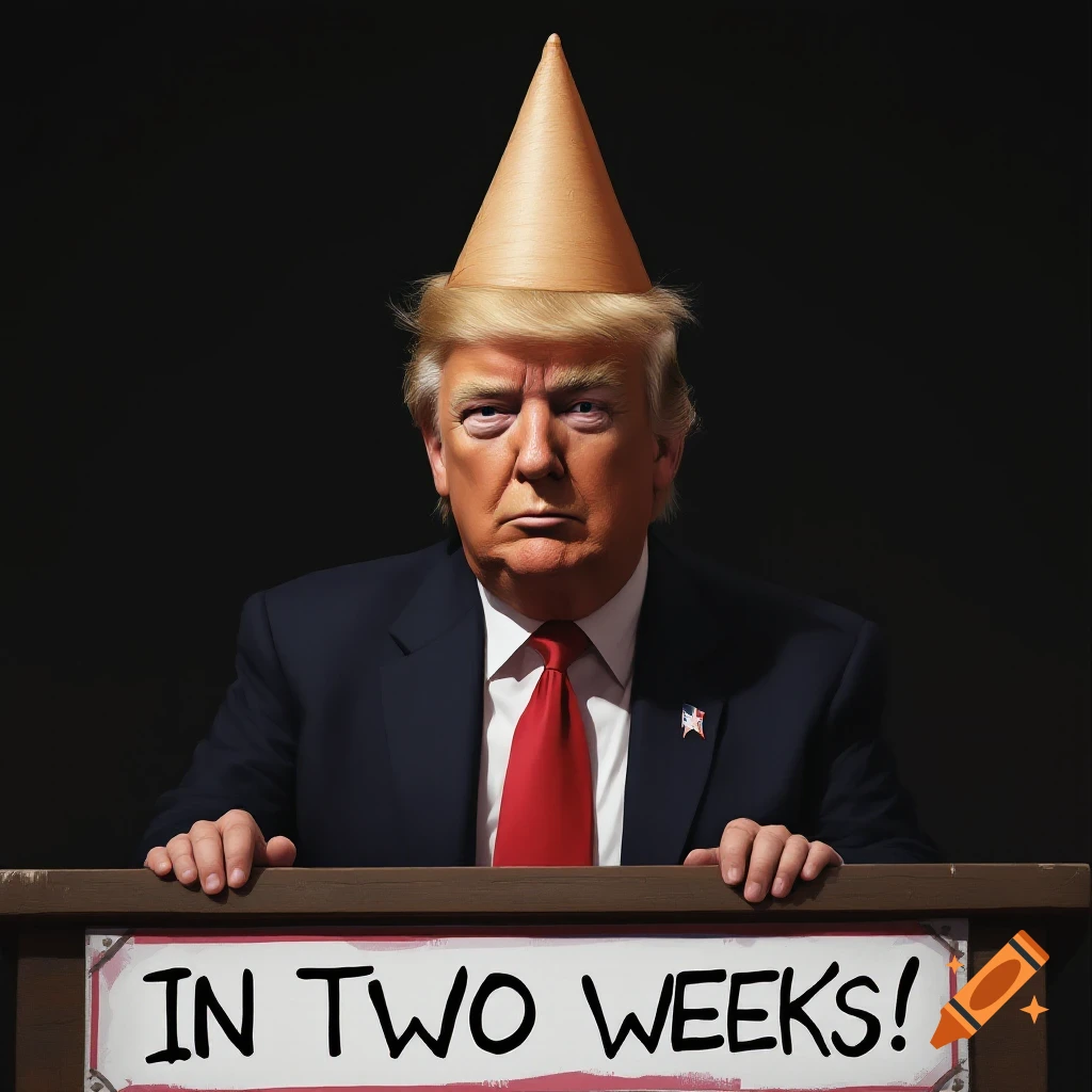 A photorealistic image of Donald Trump wearing a dunce hat, standing at ...