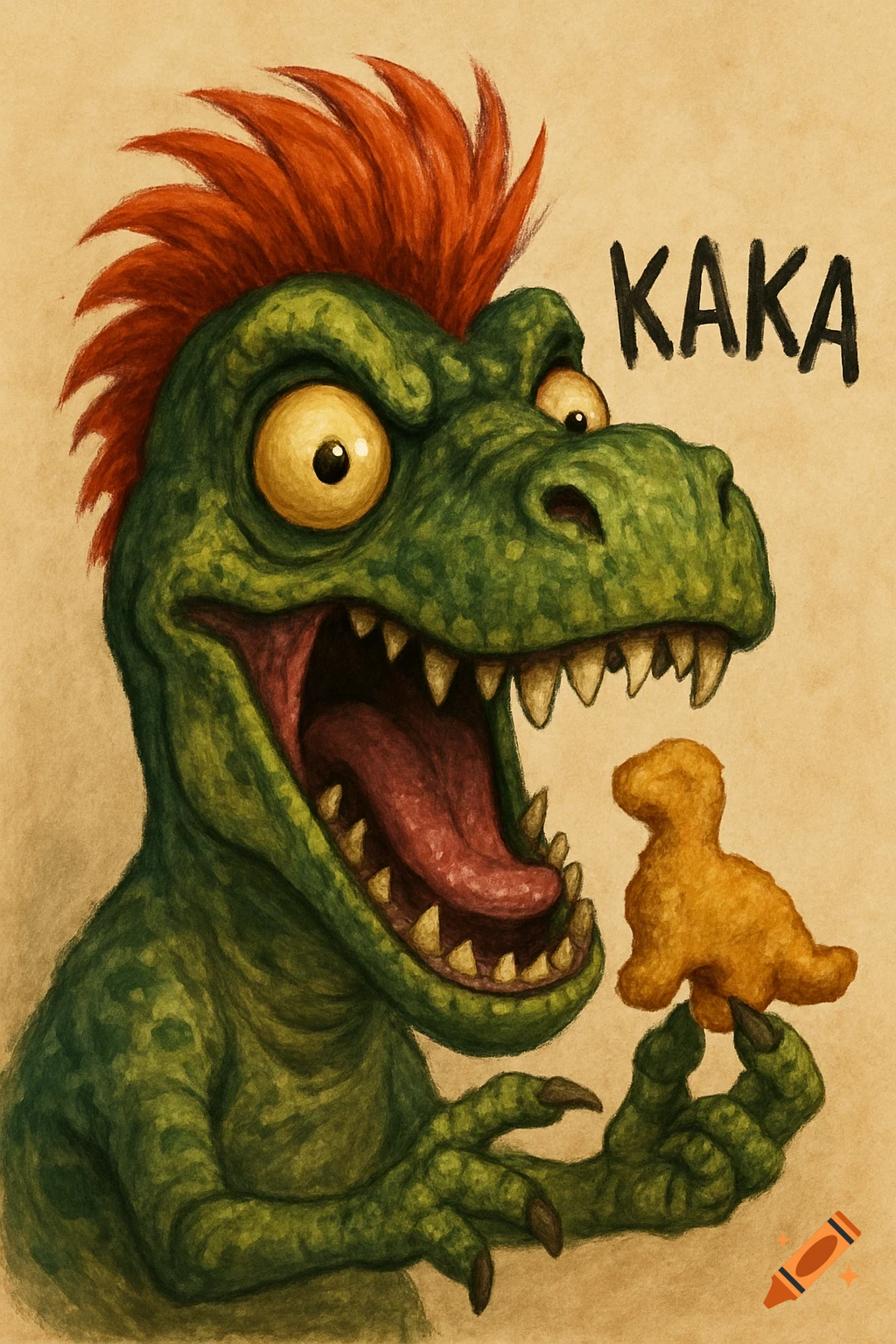 A green, cartoon dinosaur with a red mohawk holds a chicken nugget ...