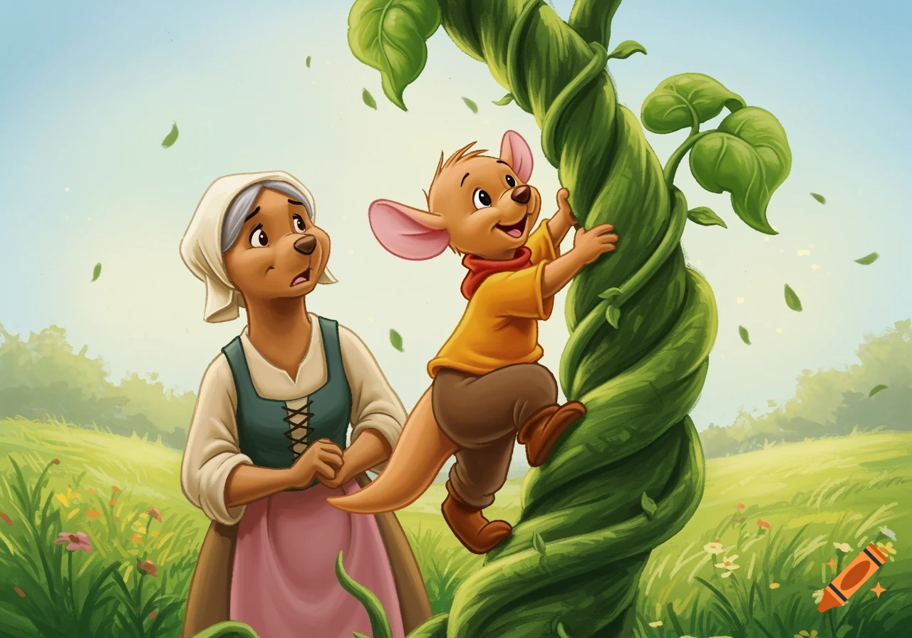 A cartoon image of Roo from Winnie the Pooh climbing a giant green ...