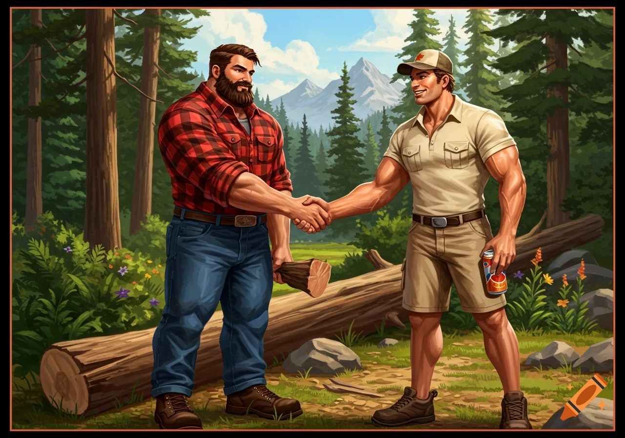 Two muscular men, a bearded lumberjack and an outdoorsman, shake hands ...