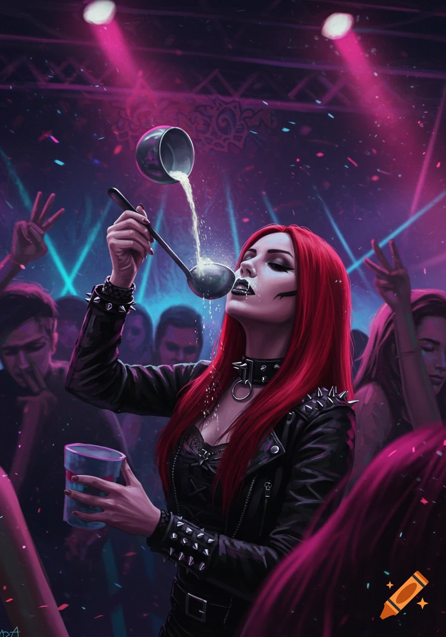 A goth red-headed woman at a rave, dressed in a black leather jacket ...