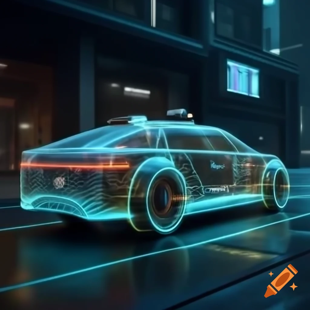 Futuristic driverless taxi with glowing interior in neon-lit cyberpunk ...
