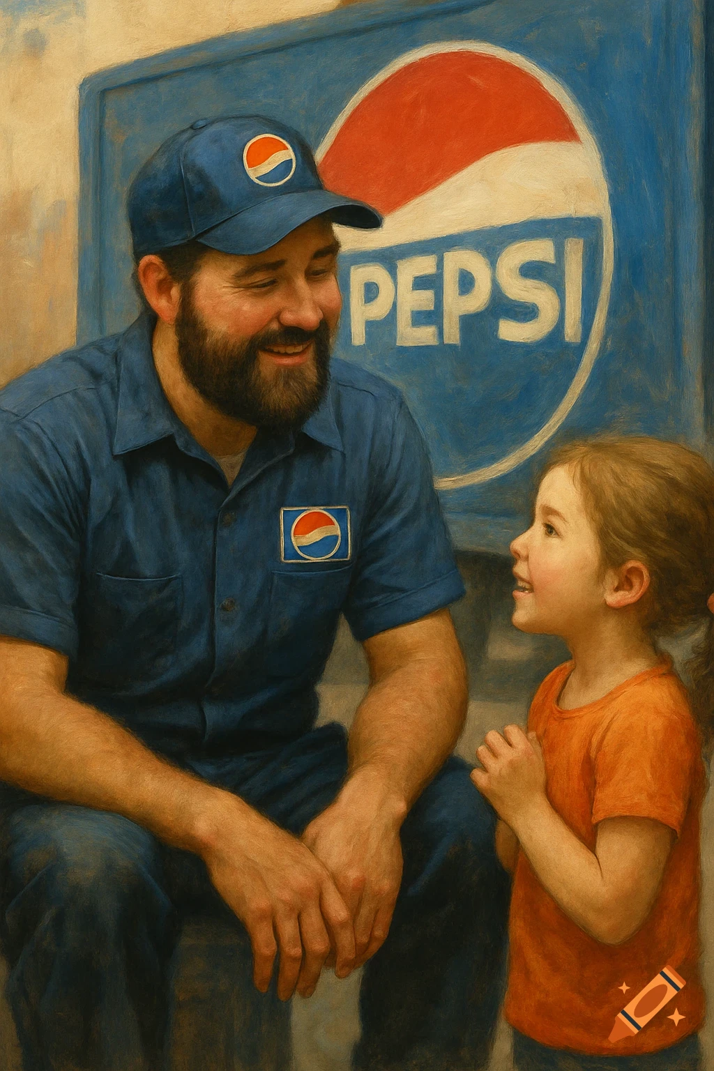 A man in a Pepsi uniform smiles at a young girl in front of a large ...
