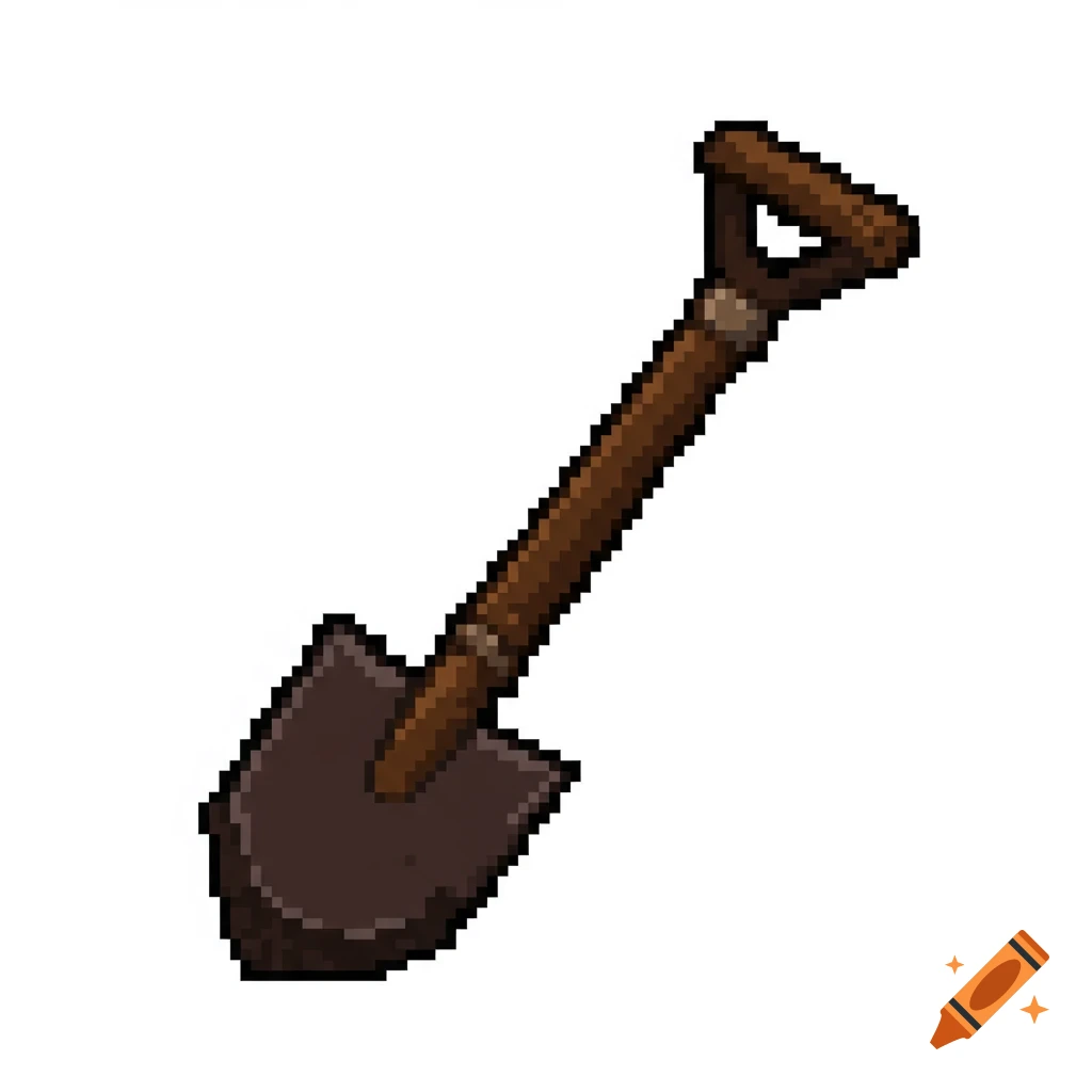 Pixel art of a primitive brown shovel with a dark grey blade on a white ...