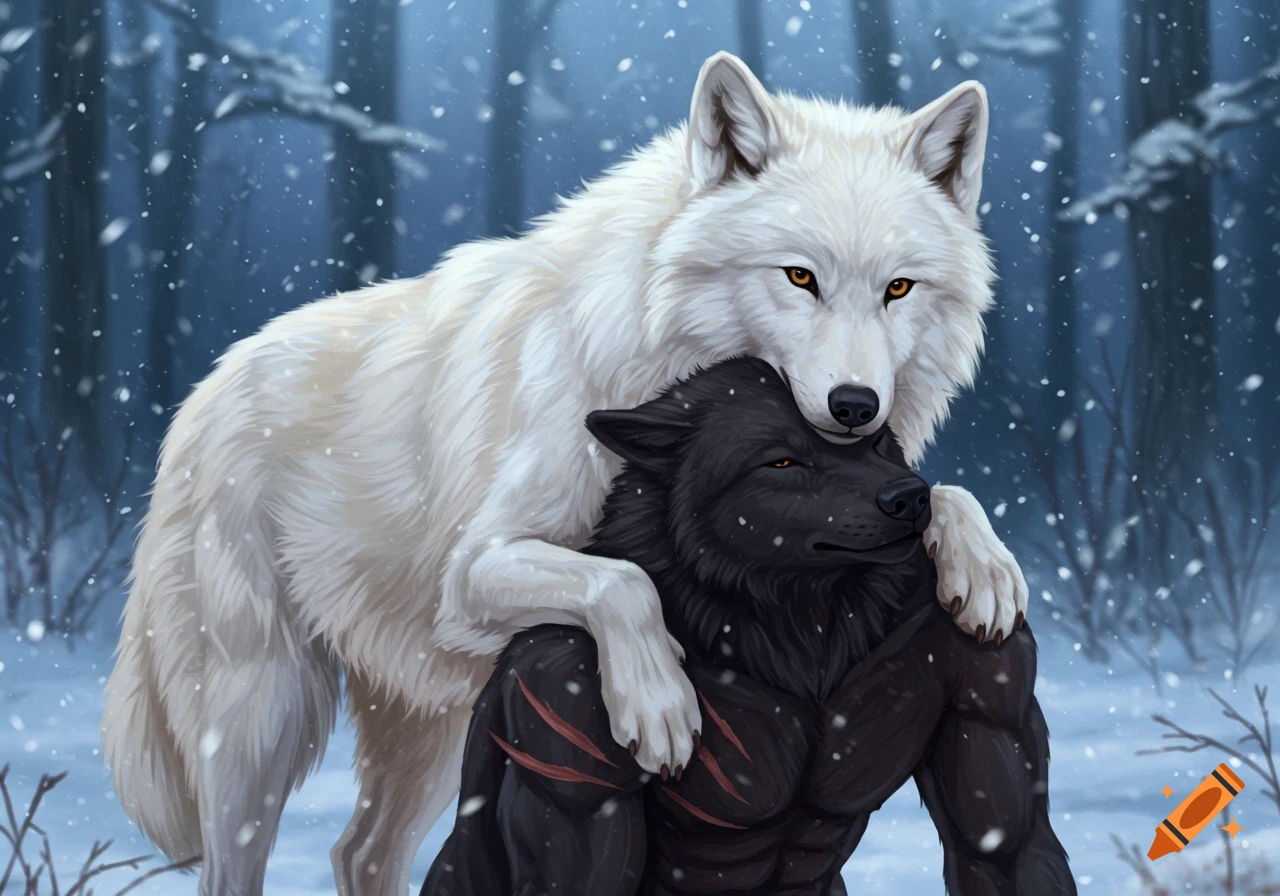 A large white wolf nuzzles a muscular black wolf with scars in a snowy ...