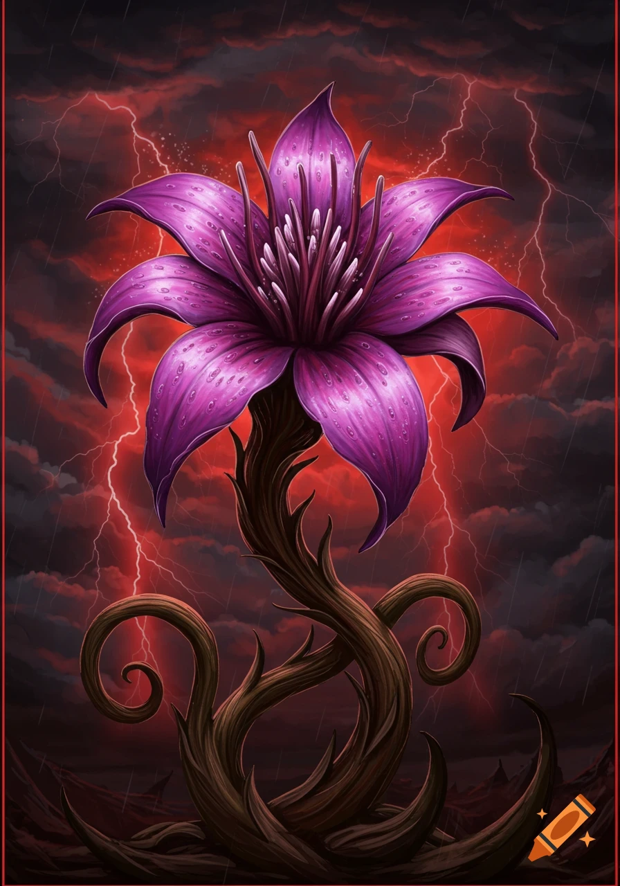 A vibrant purple flower with a gnarled, dark stem under a stormy red ...