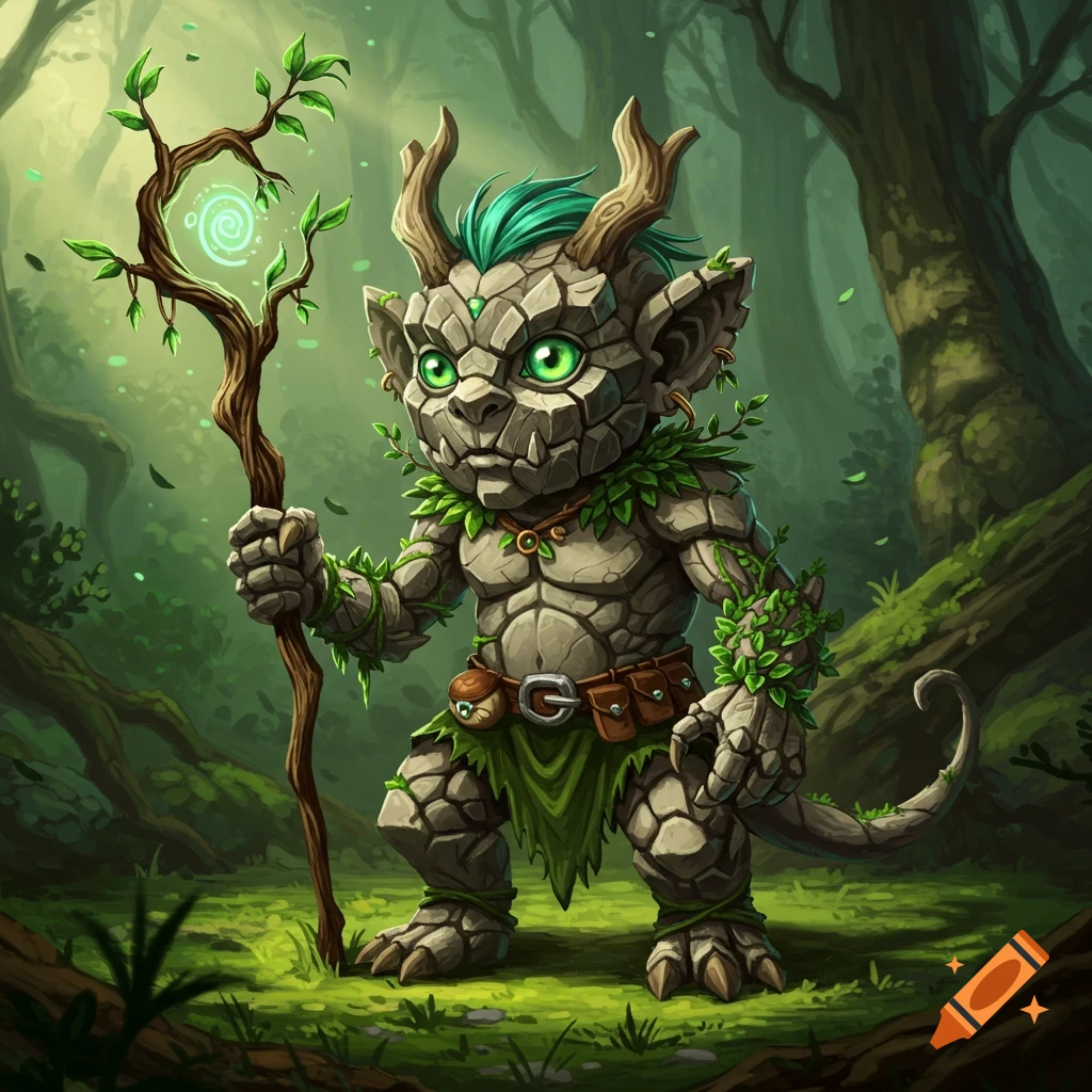 A small stone gargoyle creature with green eyes and leaves, holding a ...