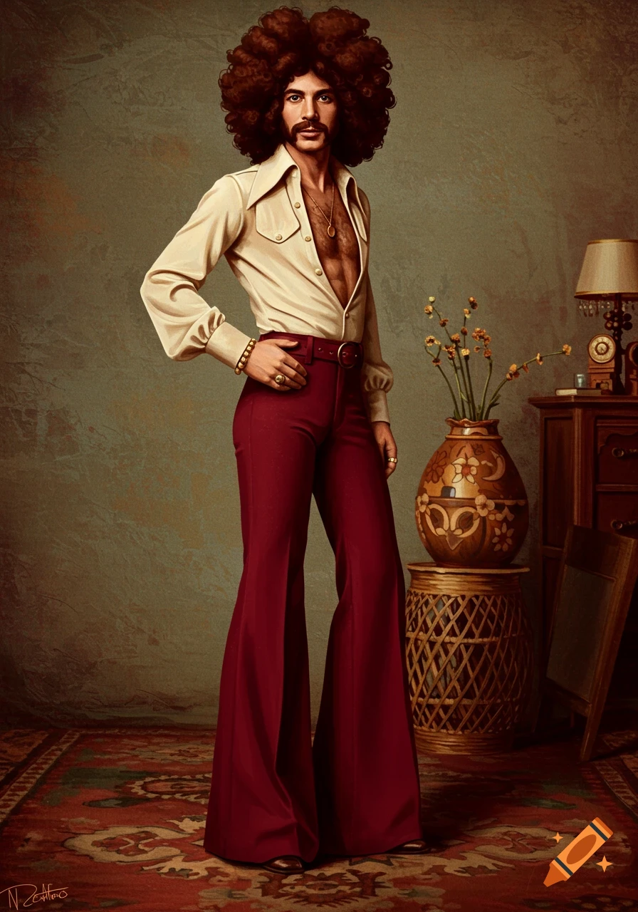 A man with a large afro and mustache wearing a cream shirt and red bell ...