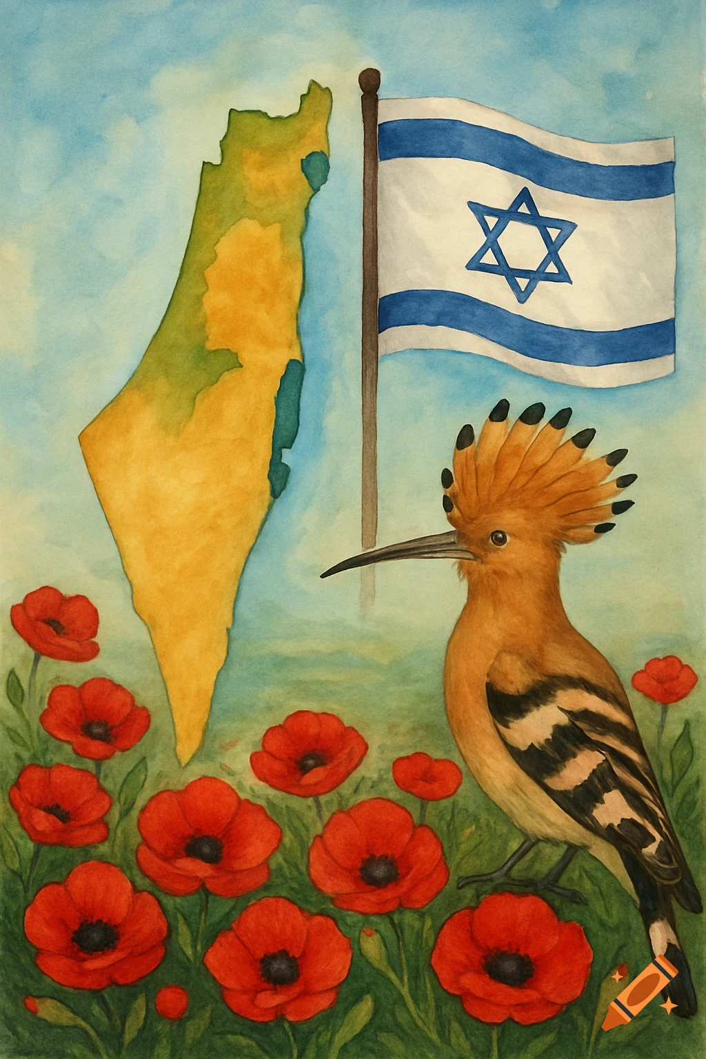 Watercolor illustration of Israel's map, flag, a hoopoe bird, and red ...