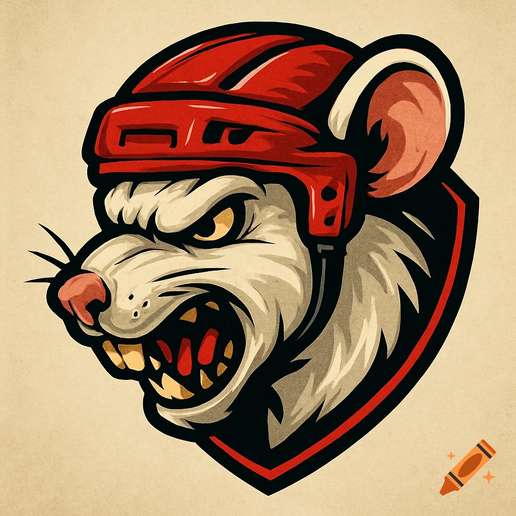 Angry white rat wearing a red hockey helmet, depicted as a bold logo ...