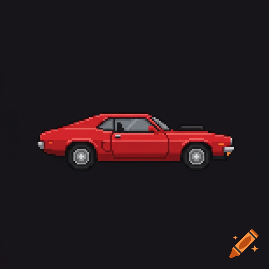 A side profile of a red pixelated muscle car against a dark background ...