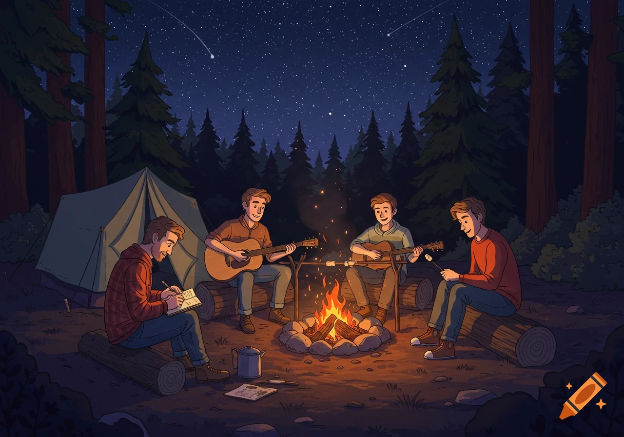 Four cartoon men camping at night, sitting around a campfire. Two play ...