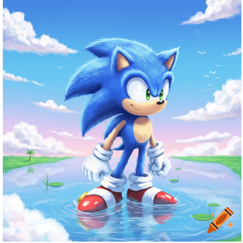 A stylized illustration of Sonic the Hedgehog standing in a shallow body of water under a bright ...