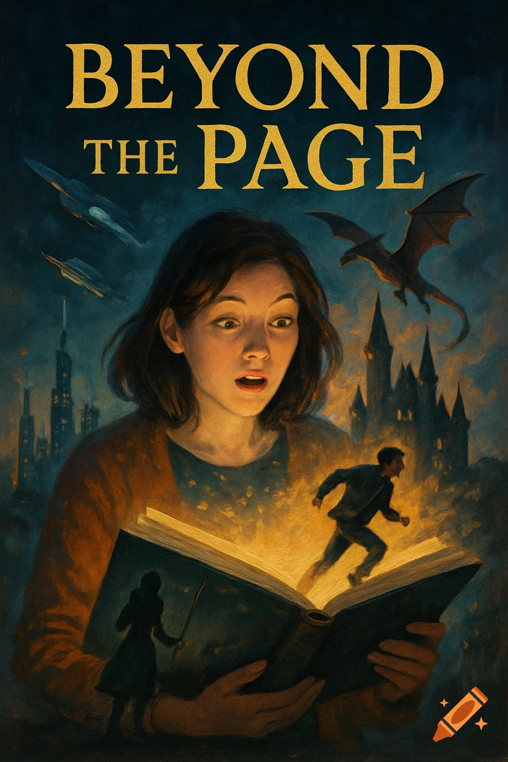 A painting of a surprised young woman holding a glowing book, with a ...