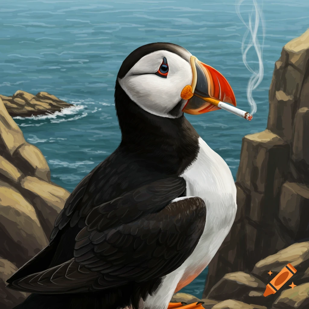 A puffin smoking a cigarette on a rocky cliff overlooking the sea. on ...
