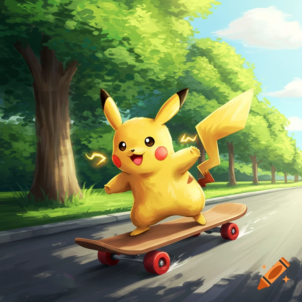 Pikachu on a skateboard riding down a tree-lined road on a sunny day in ...