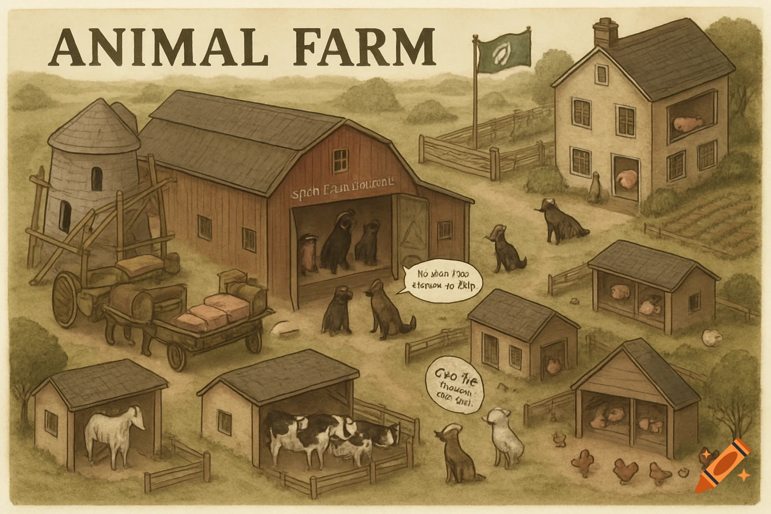 An illustration of Animal Farm in muted earth tones, showing a barn ...
