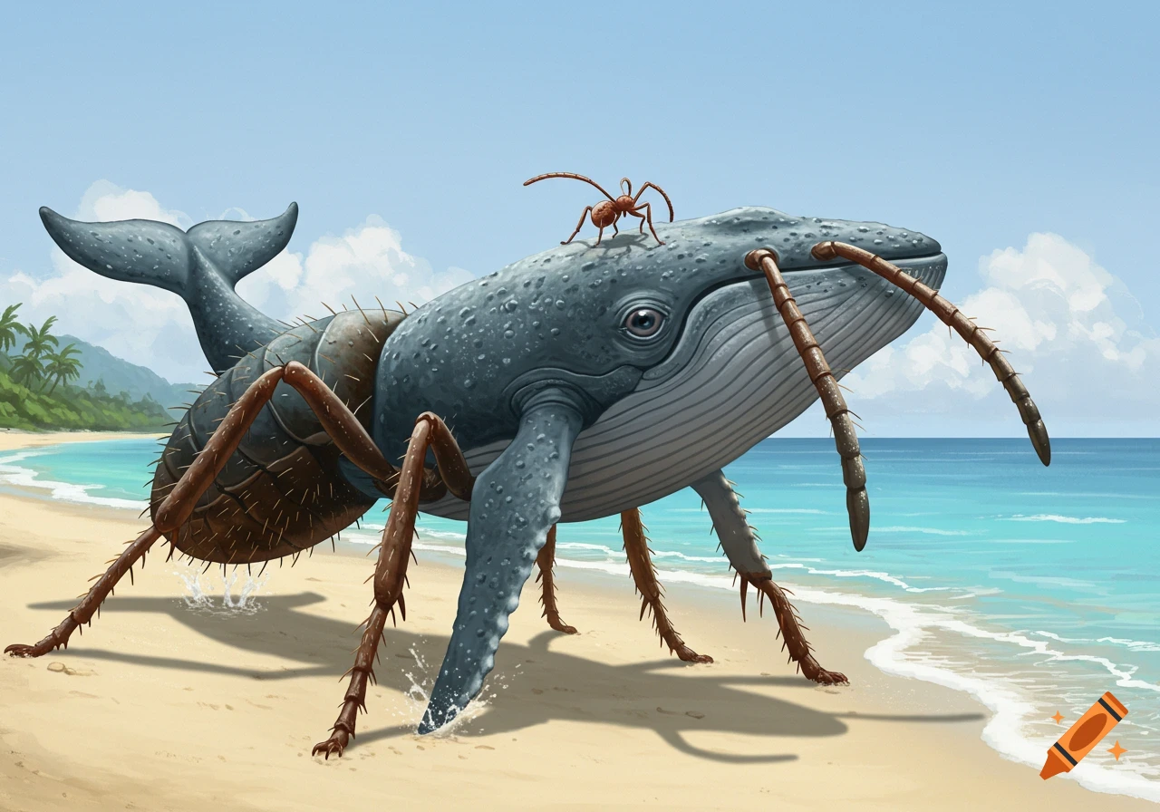 A fantastical creature, part whale and part ant, with an ant on its ...