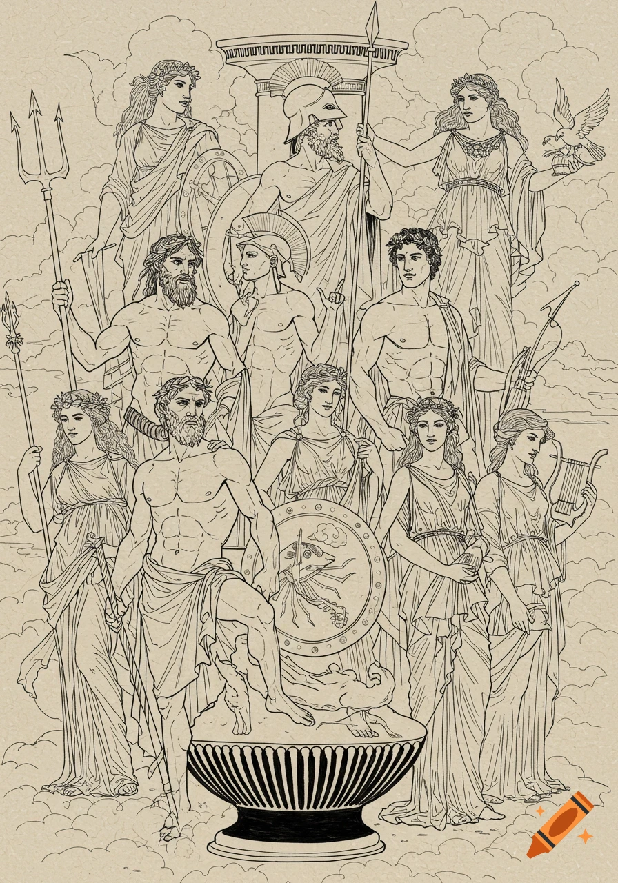 Black and white line art of eleven Greco-Roman deities, with six male ...