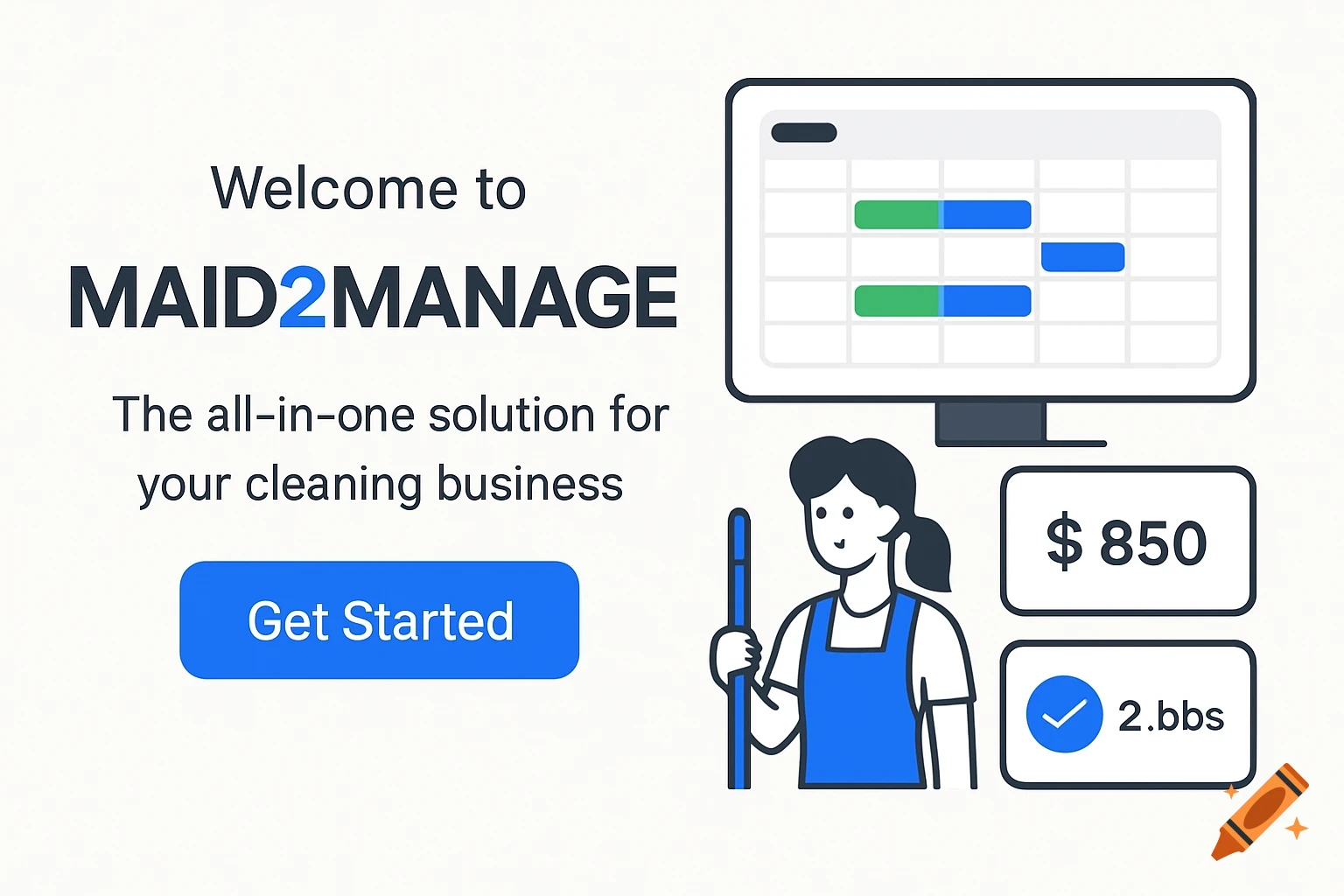 An illustration for 'Maid2Manage' cleaning business software. It shows ...