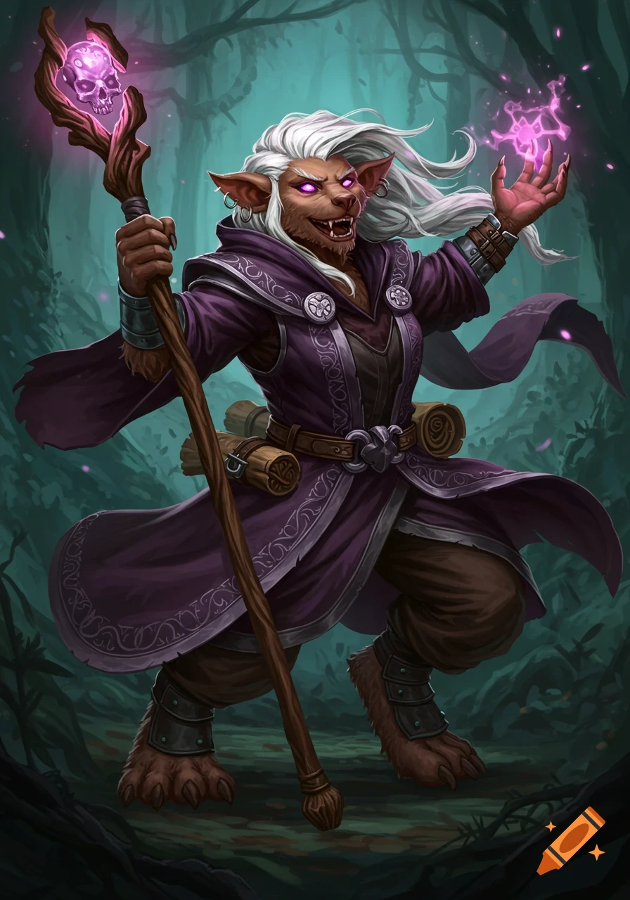 A female bugbear wizard with white fur, purple eyes, and purple robes ...