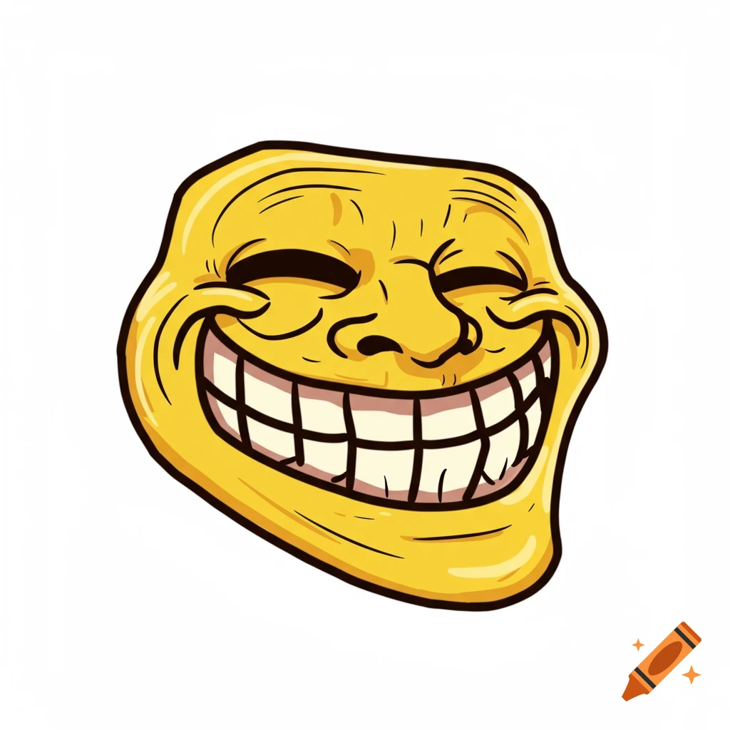 A yellow cartoon Trollface meme with a wide grin and closed, squinting ...