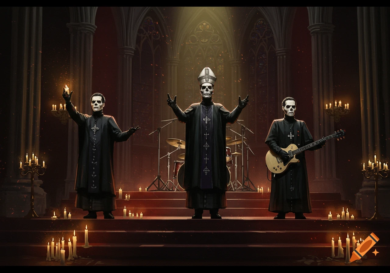 Three figures resembling the band Ghost, in robes and skeletal makeup ...