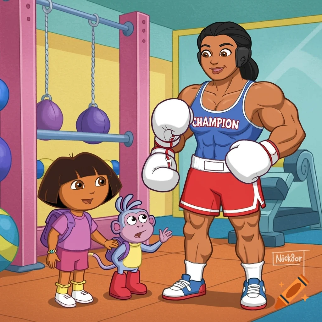 Dora the Explorer and Boots the monkey stand next to a muscular female ...