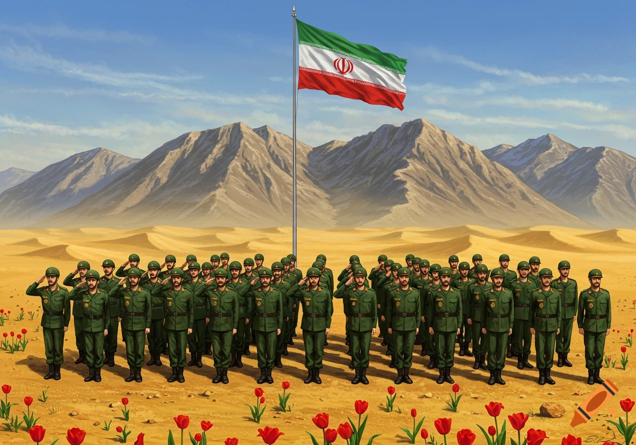 Iranian soldiers in green uniforms salute beneath an Iranian flag in a ...